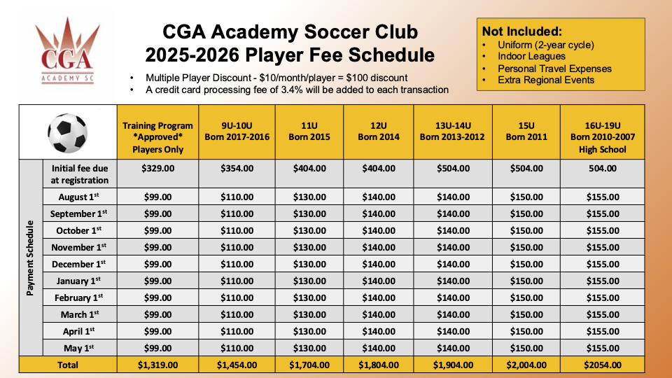 Prices and Fees - CGA Academy Soccer Club